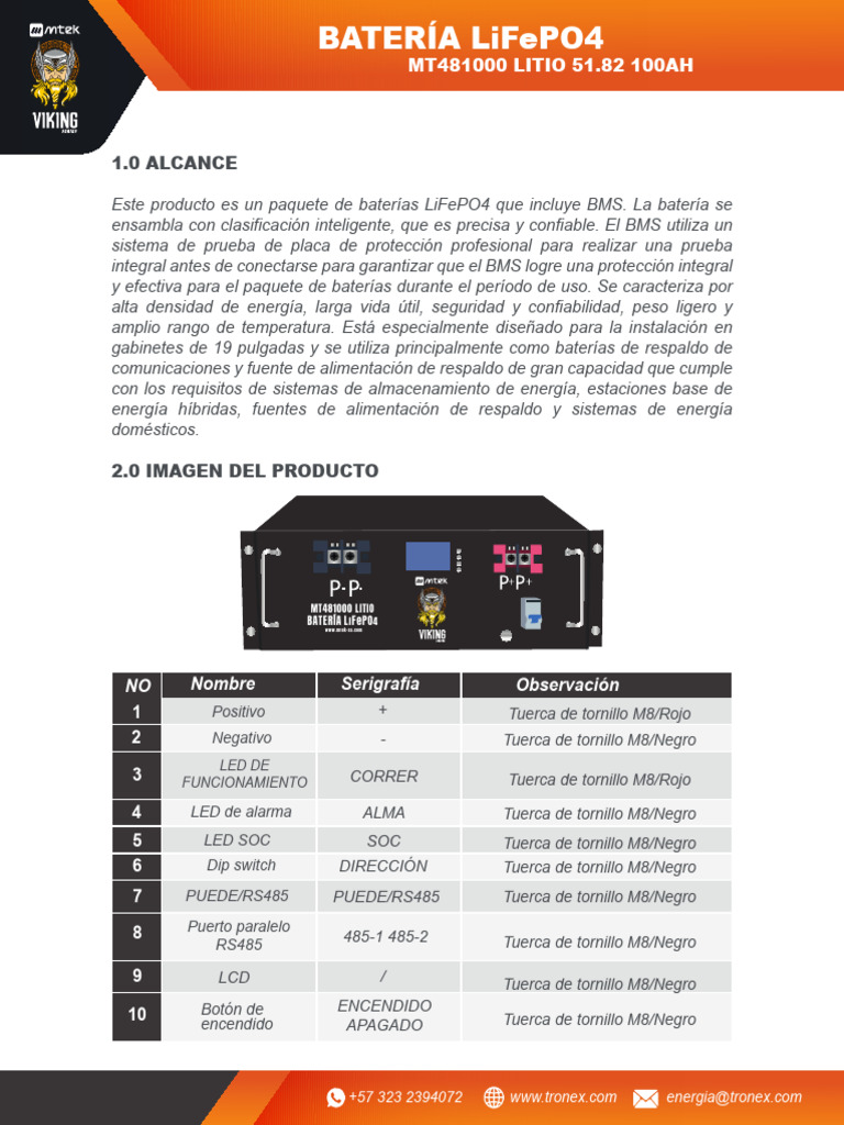 Batería LiFePO4 MT481000 LITIO 51,2V 100ah | PDF | Cargador de batería | Batería de iones de litio
