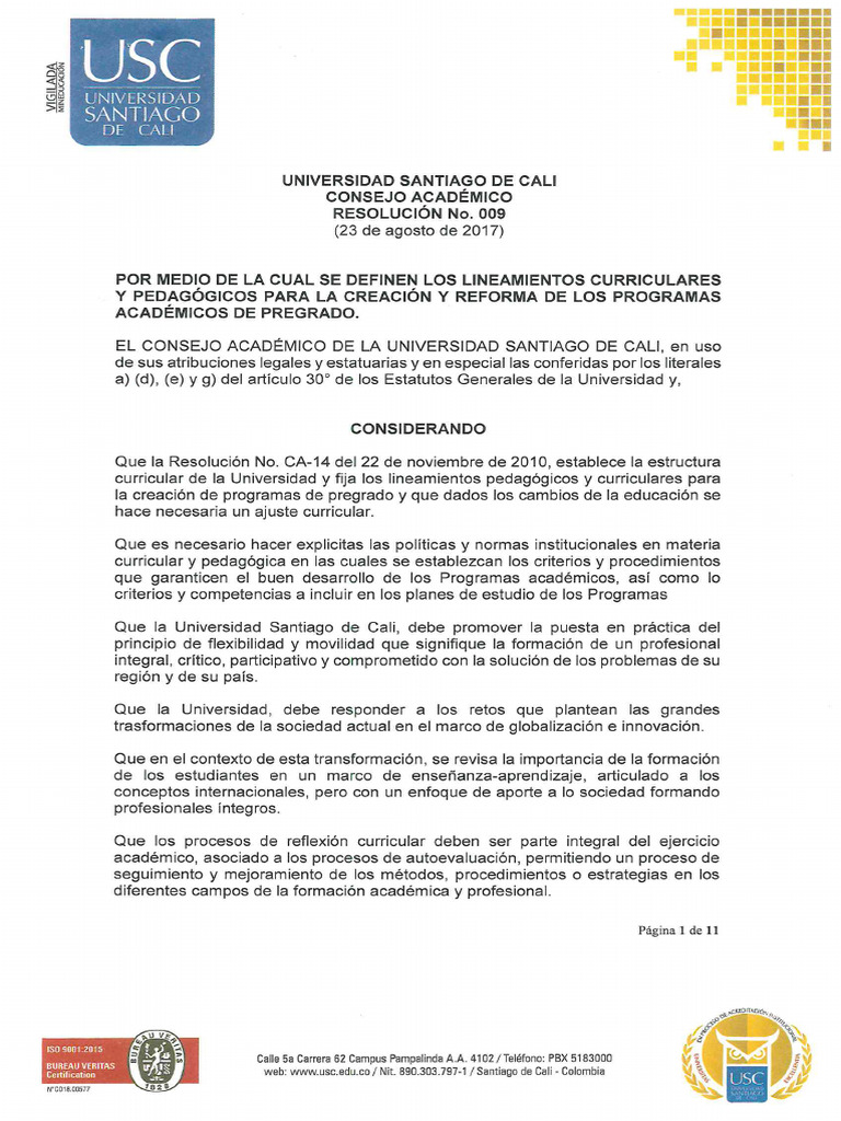 Resolucin CA-09 Del 23 de Agosto De-2017 Lineamientos Curriculares-Usc ...