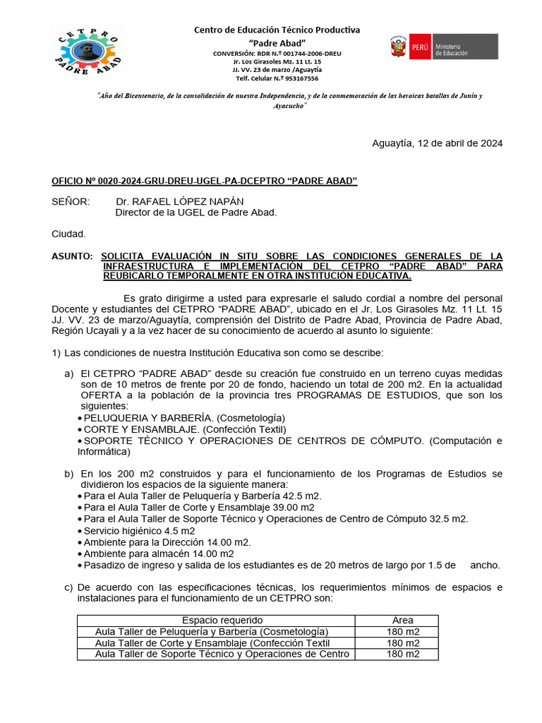 Oficio Inspección Técnica Cetpro Ugel | PDF | Tecnología