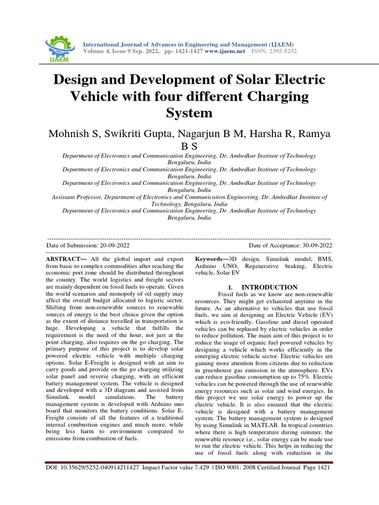 Design and Development of Solar Electric Vehicle With Four Different Charging System | PDF ...