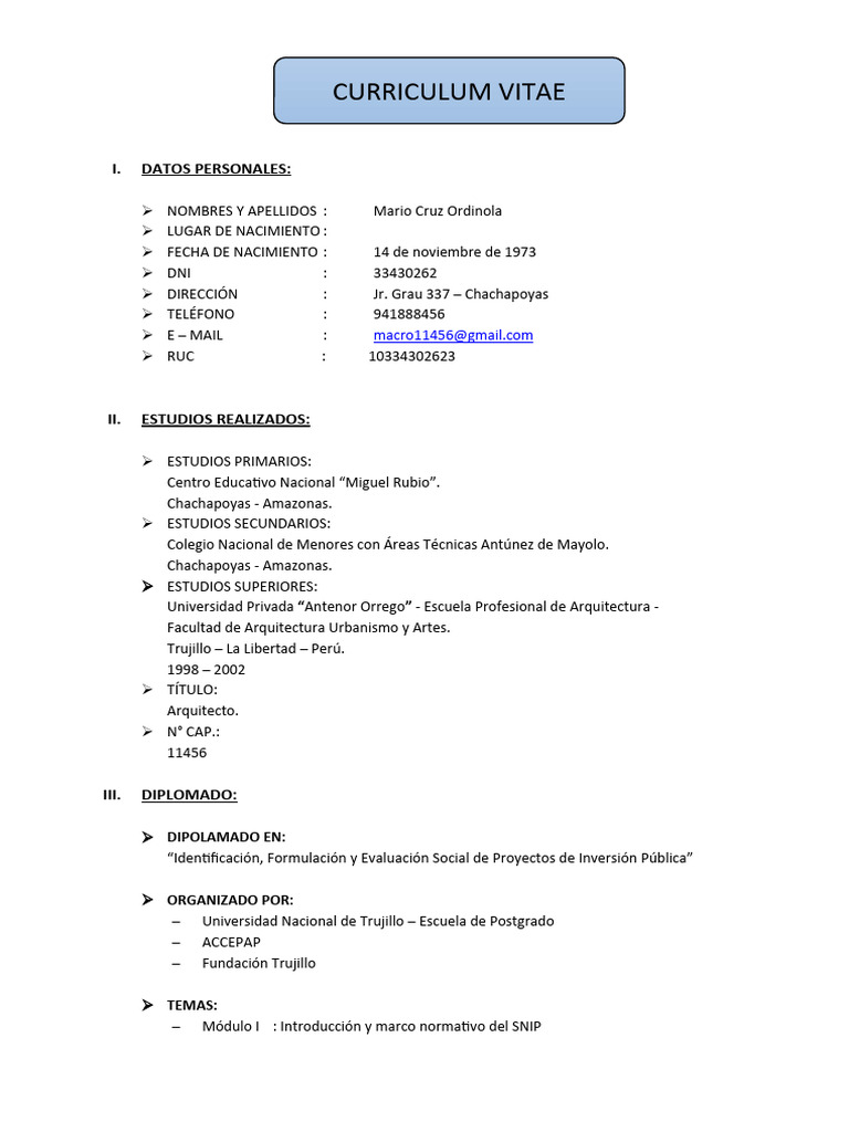 CV de Mario Cruz Ordinola | PDF | Perú