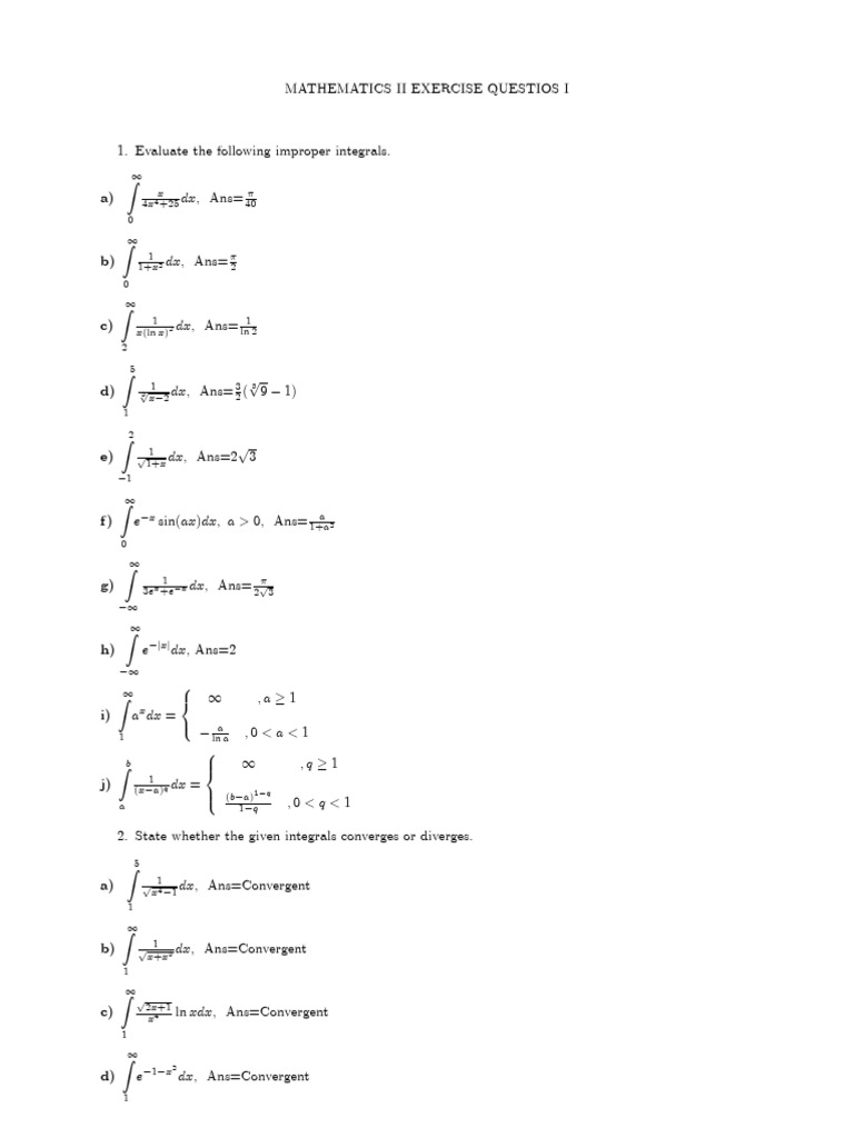 exercise questions improper integrals | PDF