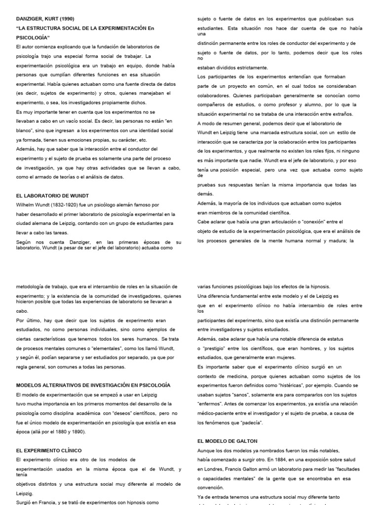 DANZIGER. La Estructura Social de La Experimentación en Psicologia | PDF | Sicología | Experimentar