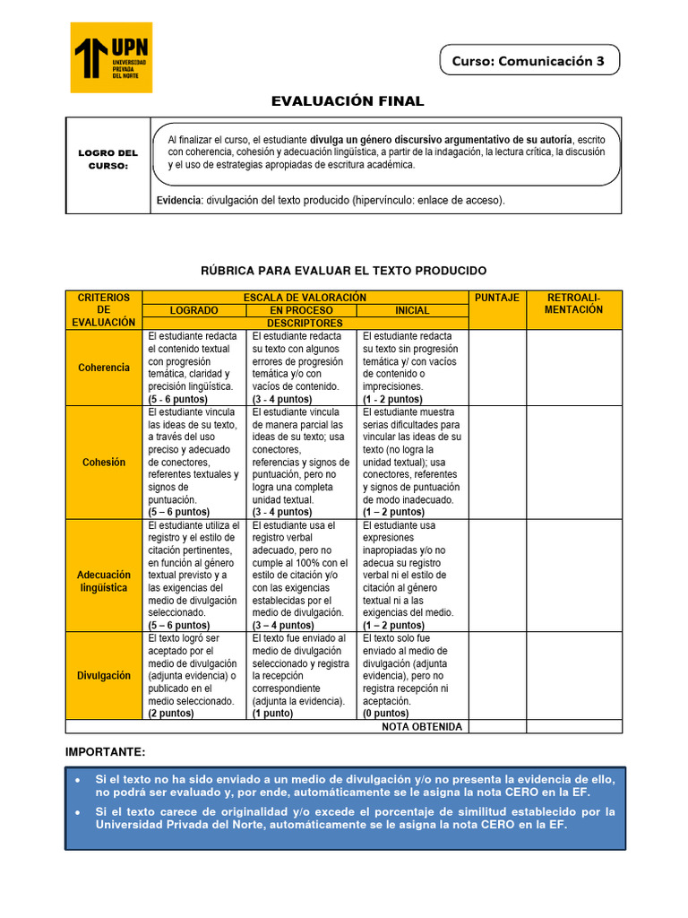 Rúbrica de Evaluación - Final - Com3 - 2024-1 | PDF | Puntuación ...