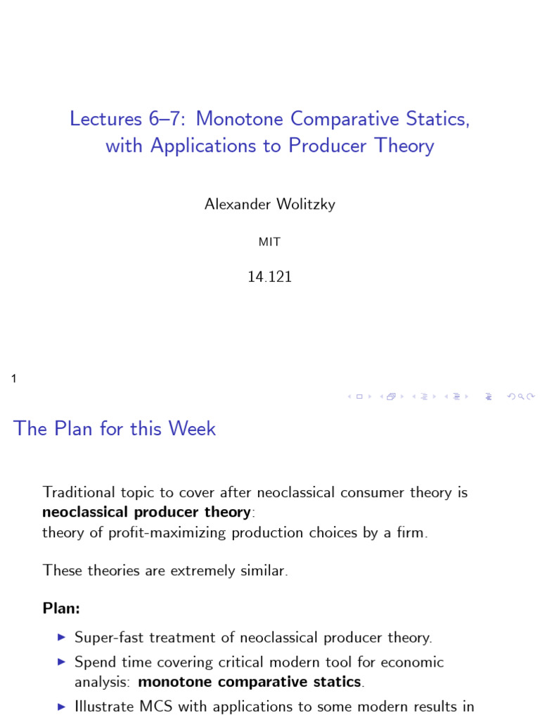 Lectures 6-7: Monotone Comparative Statics, With Applications To Producer Theory | PDF ...