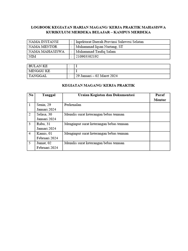 Format Logbook Harian Magang-1 | PDF