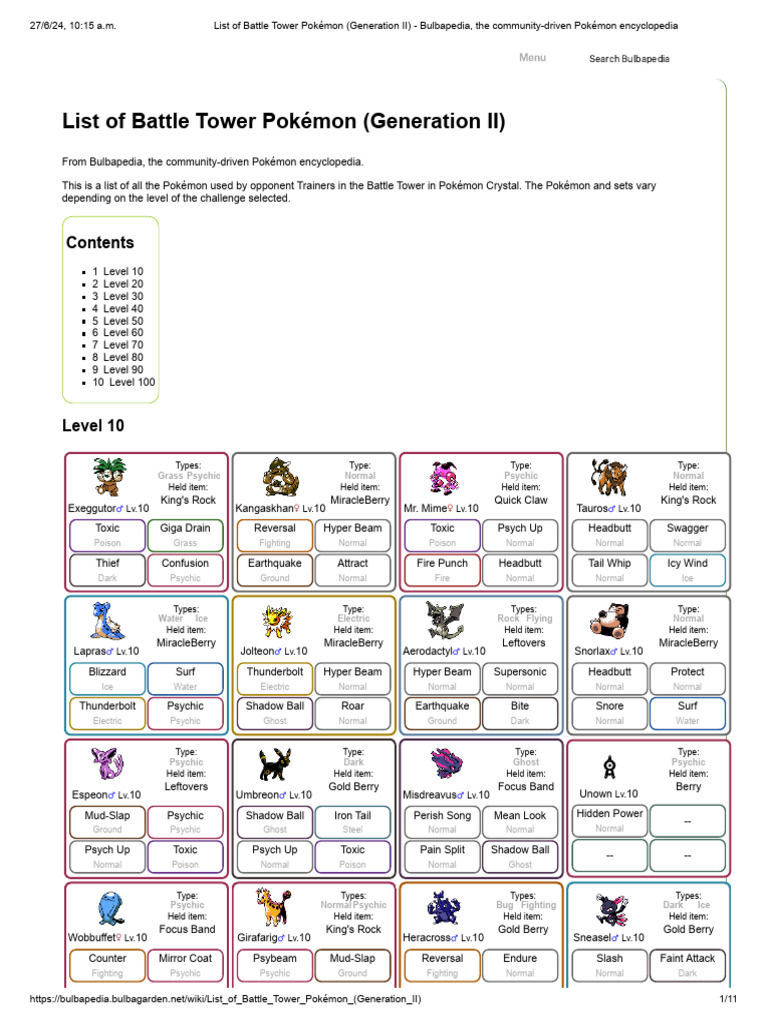Gen II Battle Tower Pokémon List | PDF | Pokémon