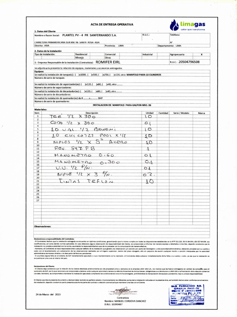 Acta Operativa PV4 PR001 | PDF