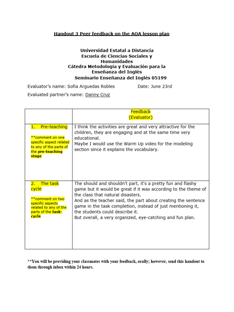 Peer Feedback on AOA Lesson Plan | PDF