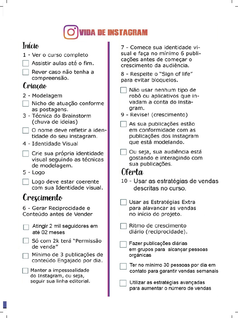 Checklist Instagram - Curso Vida de Instagram | PDF