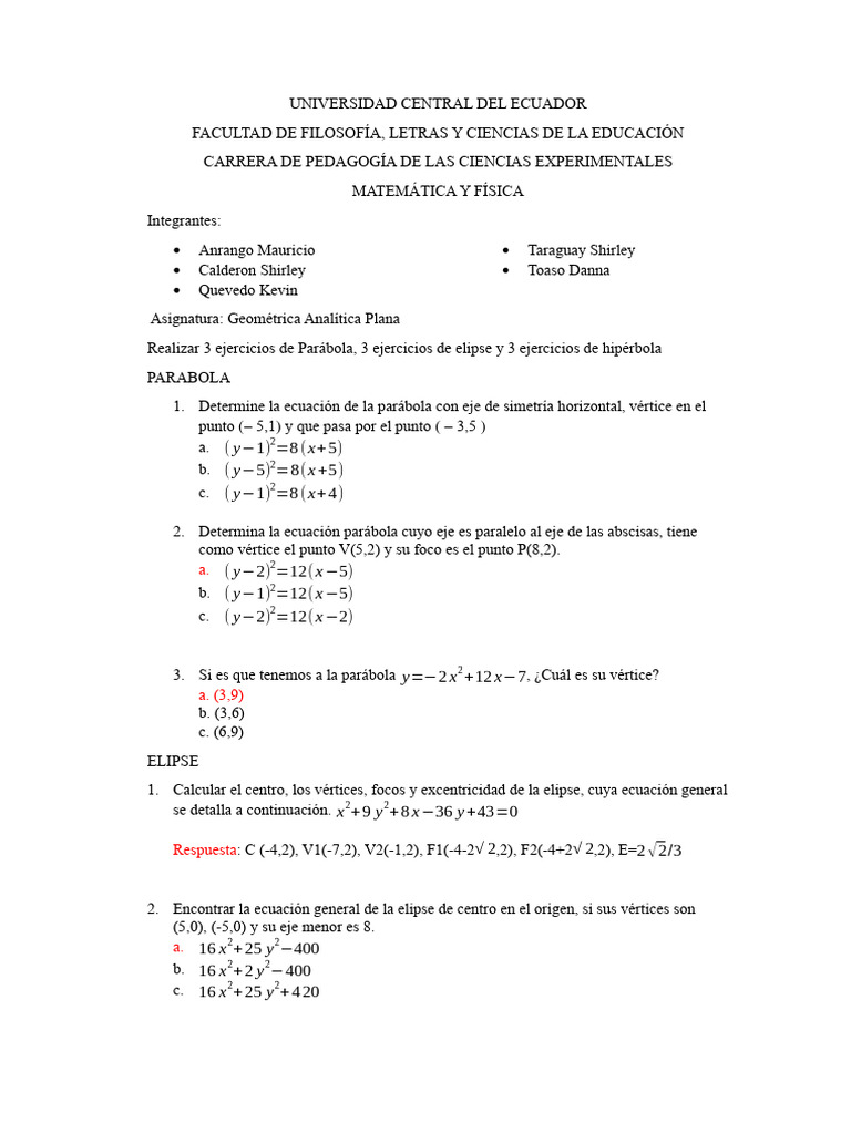 G7 Ejercicios | PDF | Elipse | Geometría analítica