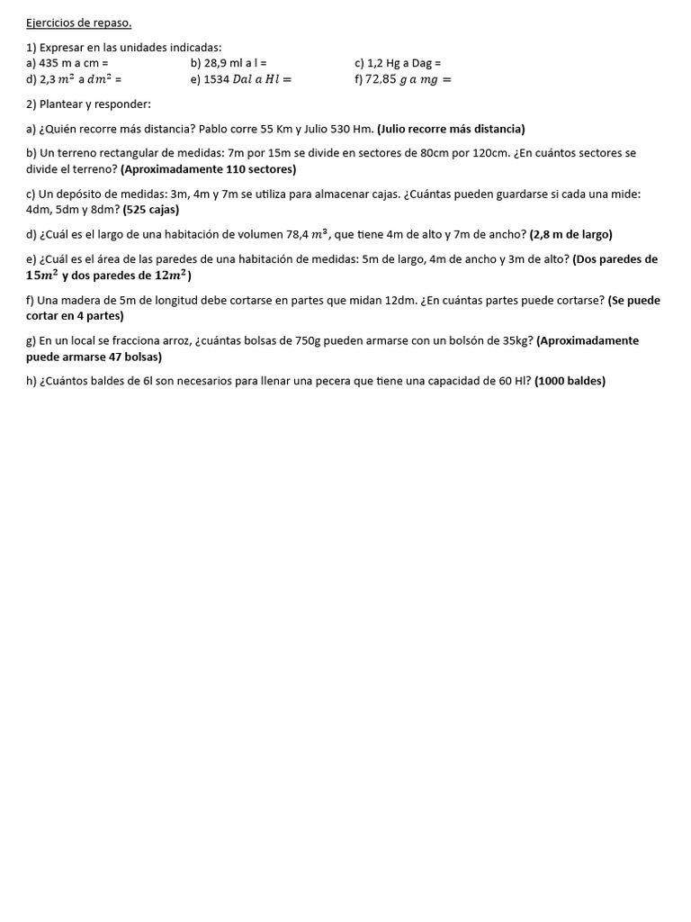UNIDADES de MEDIDA - Ejercicios de Repaso | PDF