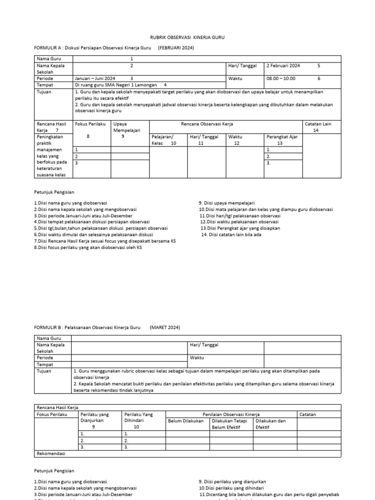 Formulir A, B, C, D Kinerja Guru | PDF