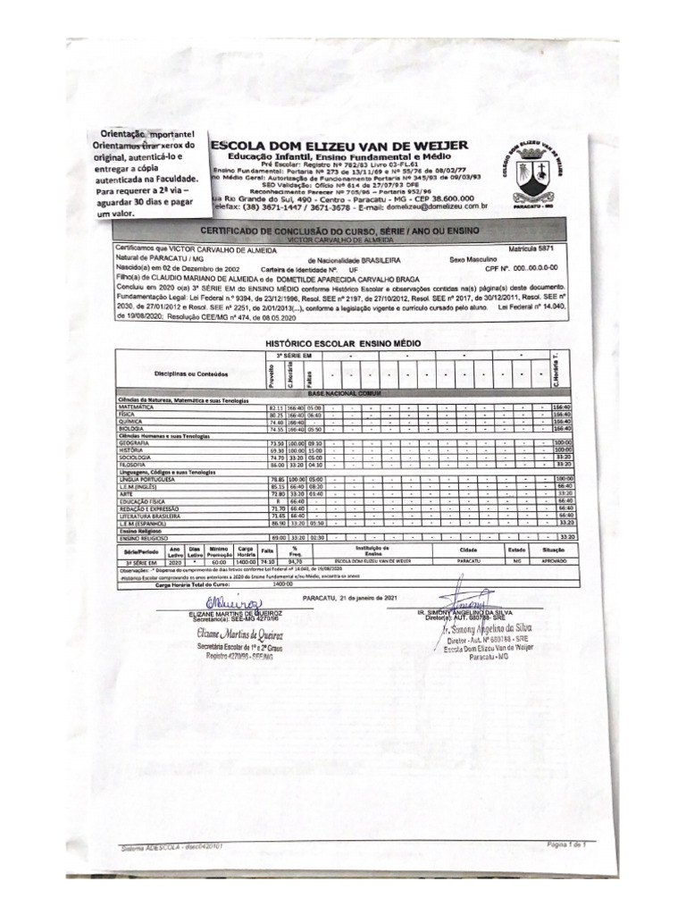 Escola Dom Elizeu Van de Weijer | PDF