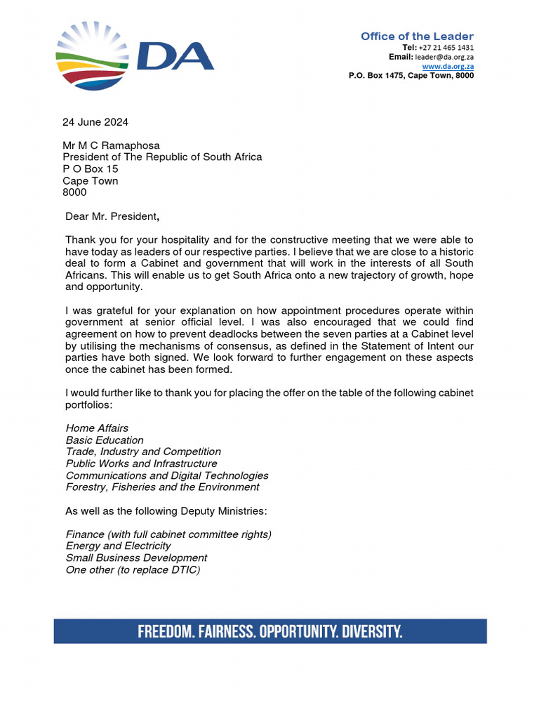 Letter To President Ramaphosa - 240624 | PDF | Government