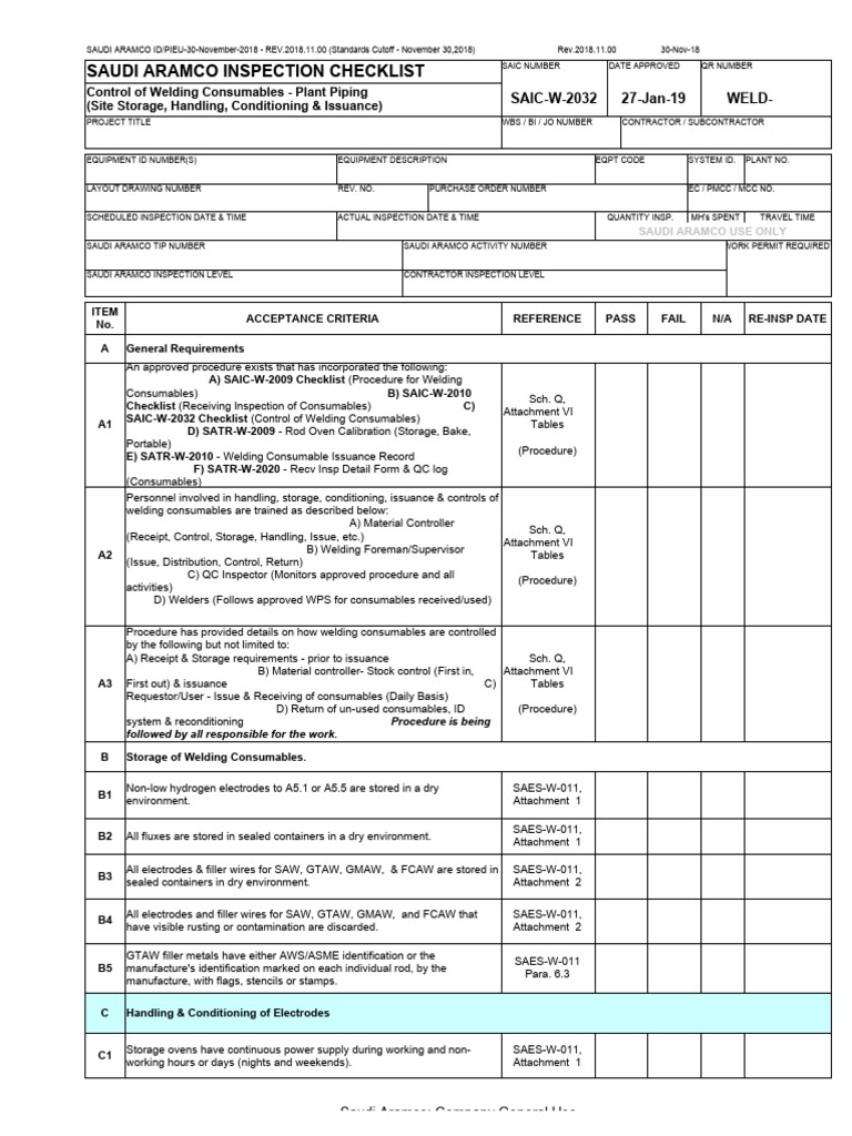 Saudi Aramco Welding Consumables Checklist | PDF | Welding | Construction