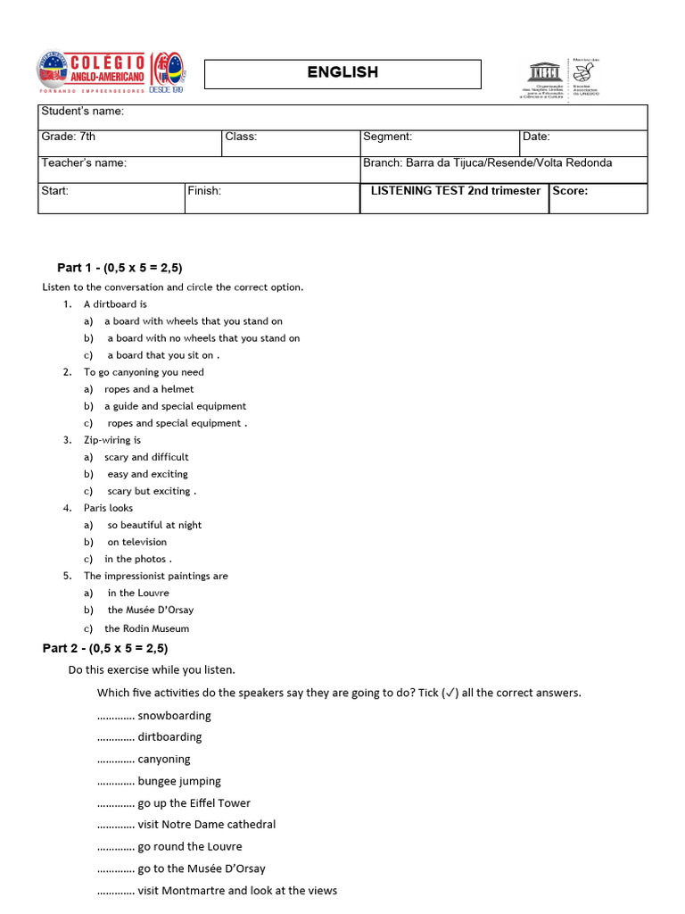 7th Grade Listening Test - Trimester 2 | PDF