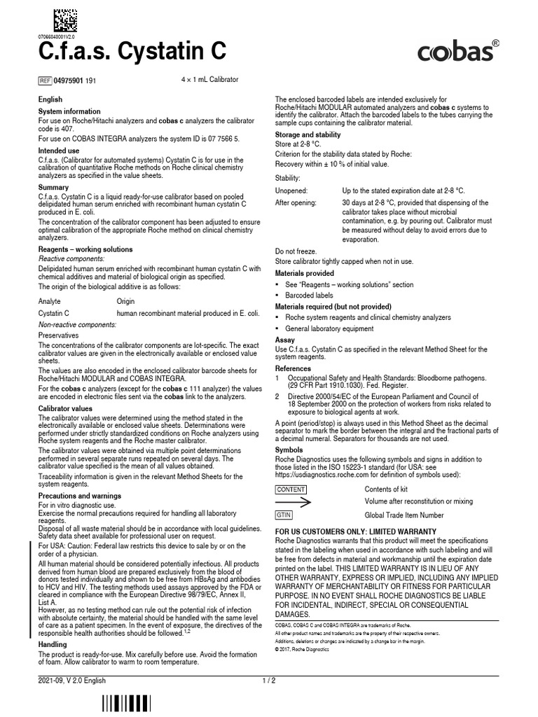 Roche Cystatin C Calibrator Guide | PDF | Hepatitis C | Medical Specialties