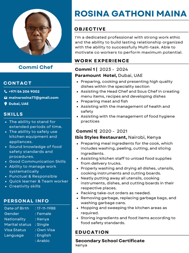 ROSINA GATHONI MAINA Commi Chef CV | PDF | Chef | Kitchen