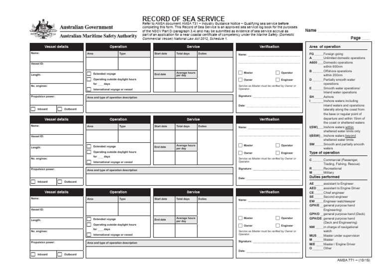 Amsa 771 Form Record of Sea Service | PDF | Marine Propulsion | Ships