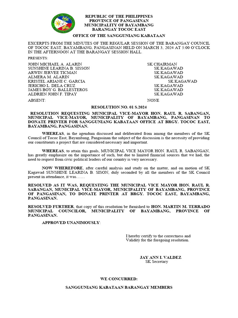 SK Resolution for Printer Donation | PDF