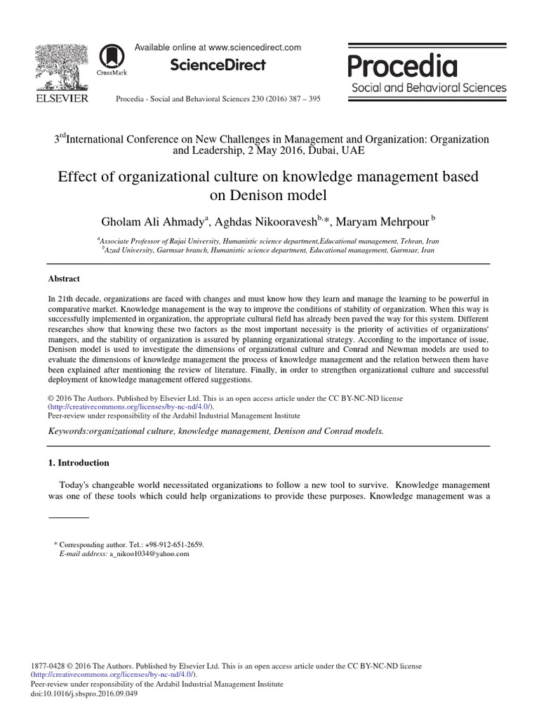 Effect of Organizational Culture On Knowledge Management Based On Denison Model | PDF ...