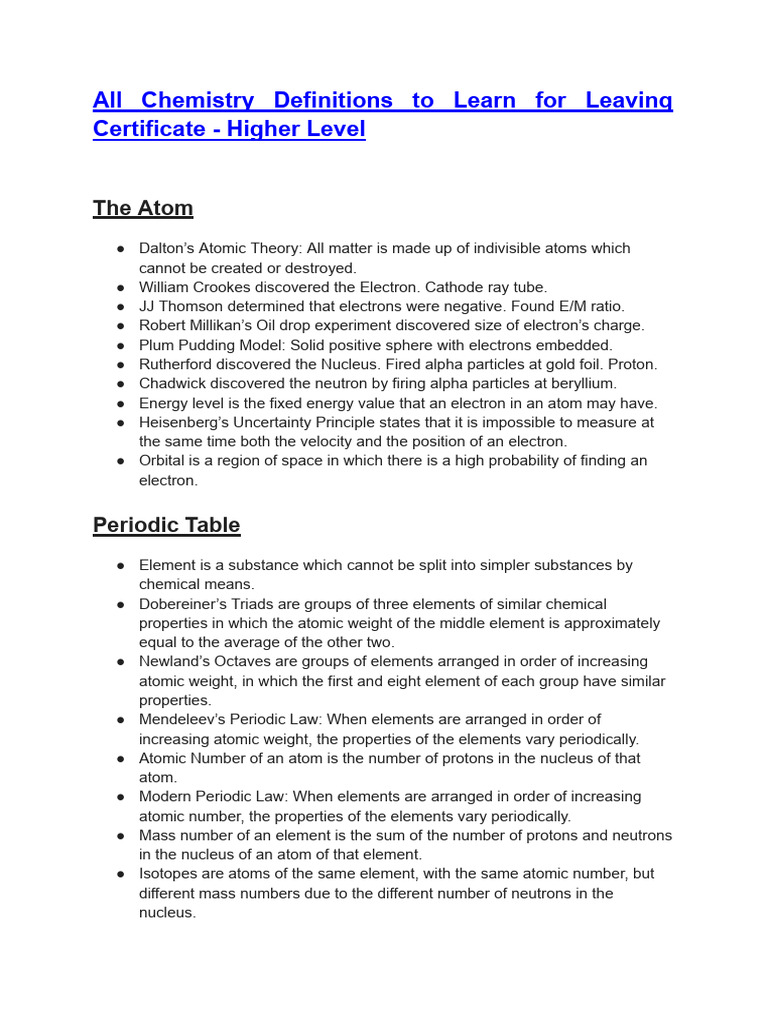 Essential Chemistry Terms for Leaving Cert | PDF | Atoms | Gases