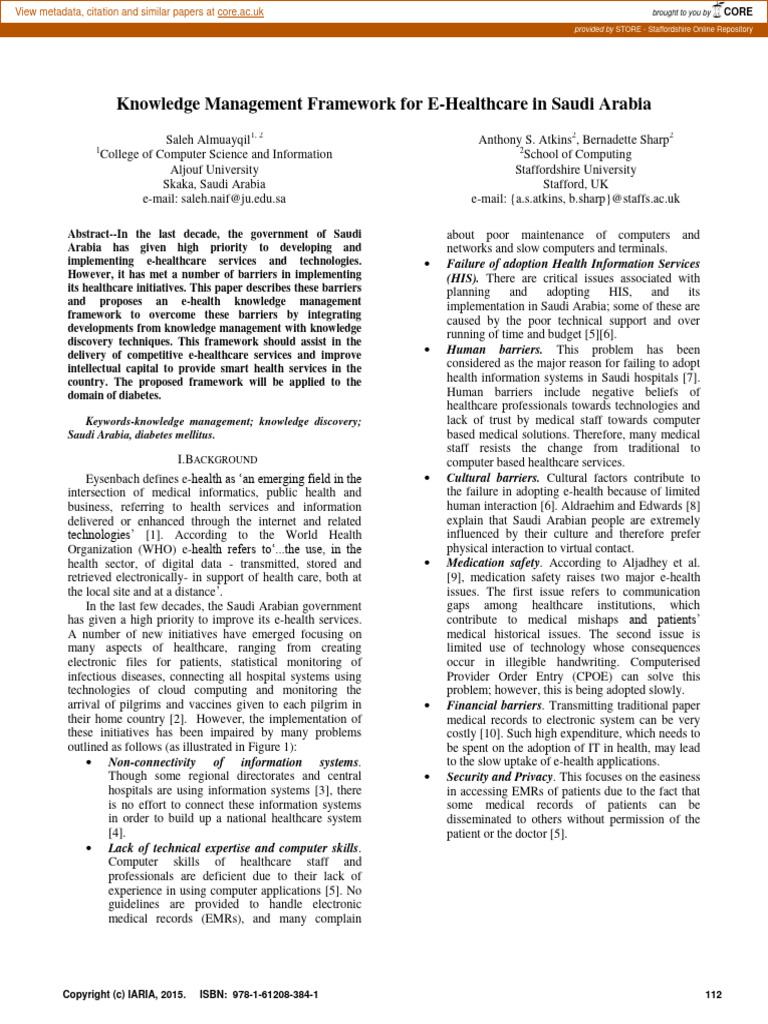Knowledge Management Framework For E-Healthcare in Saudi Arabia | PDF | Tacit Knowledge | Health ...