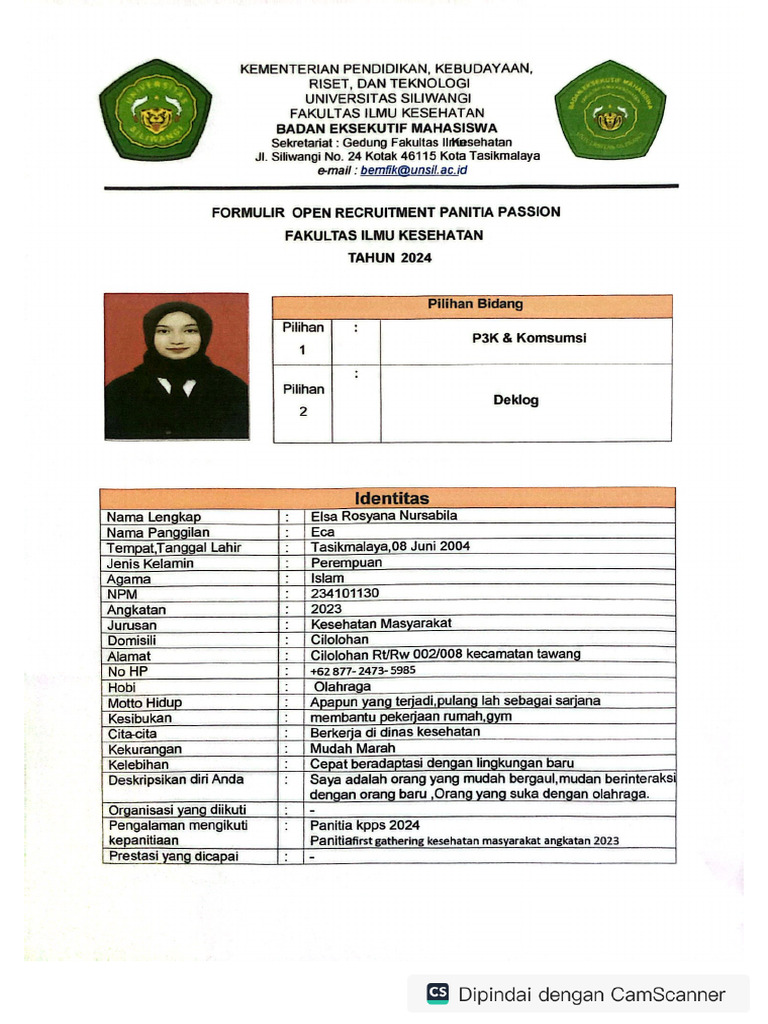 Elsa Rosyana Nursabila - Formulir Open Recruitment Panitia Passion | PDF