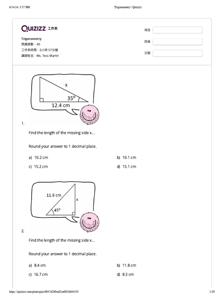 Trigonometry - Quizizz | PDF | Trigonometric Functions | Geometry