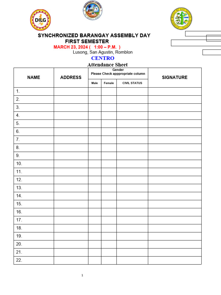 Attendance Sheet of Barangay ASSEMBLY | PDF