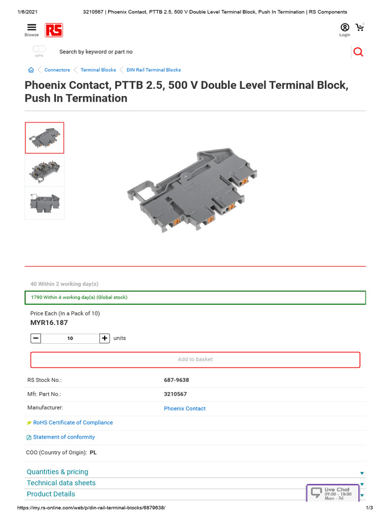 3210567 _ Phoenix Contact, PTTB 2.5, 500 V Double Level Terminal Block ...