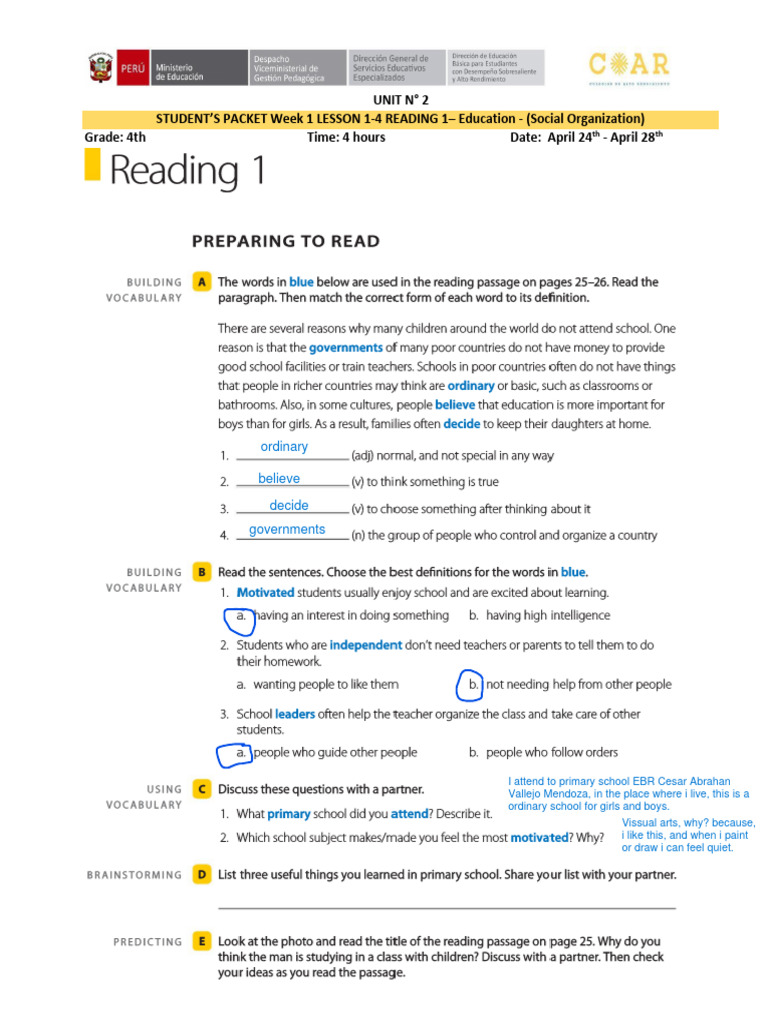 Pathways Unit 2 Reading 1 Student's Packet | PDF