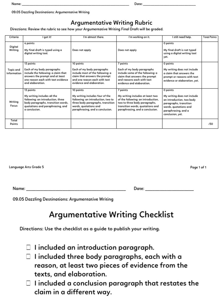 Ela g5!09!05!01!01 What To Submit Argumentative Writing Packet | PDF ...