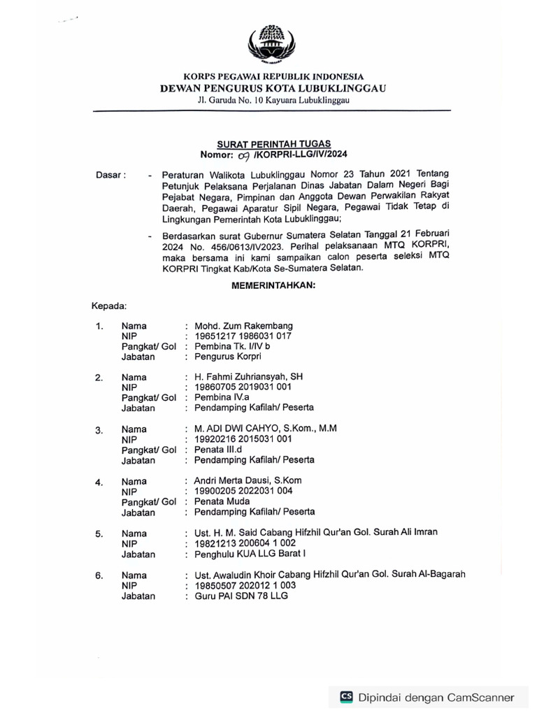 Surat Tugas MTQ KORPRI | PDF