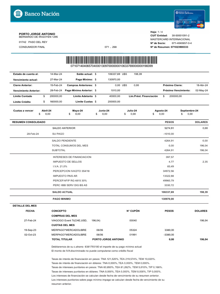 Resumen de Cuenta Mastercard Marzo 2024 | PDF | Tarjeta de crédito ...