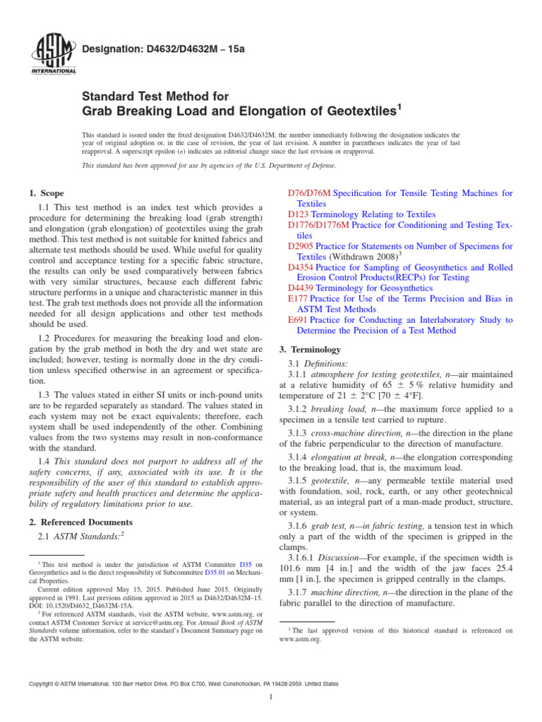 Geotextile Grab Test Method D4632 | PDF | Textiles | Fracture