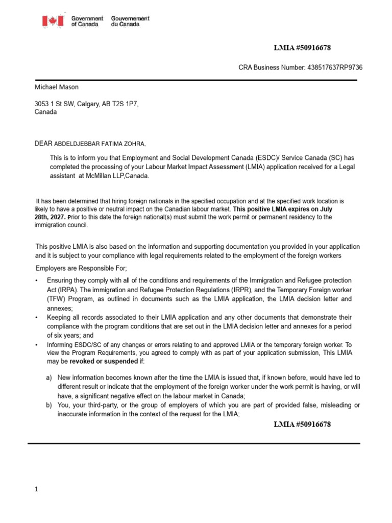 LMIA Approval For Abdeldjebbar Fatima Zohra | PDF | Employment | Foreign Worker