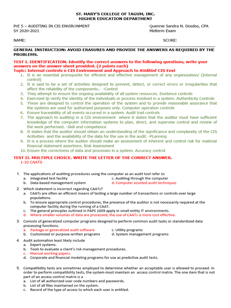 Pre 5 Audit in CIS Environment Midterm Exam - With Answers | PDF | Audit | Computer Program