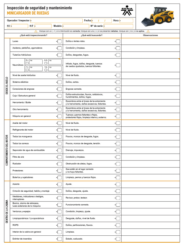 Checklist Minicargador de Ruedas | Descargar gratis PDF | Vehículos ...
