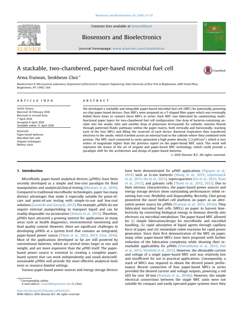 A Stackable, Two-Chambered, Paper-Based Microbial Fuel Cell | PDF ...