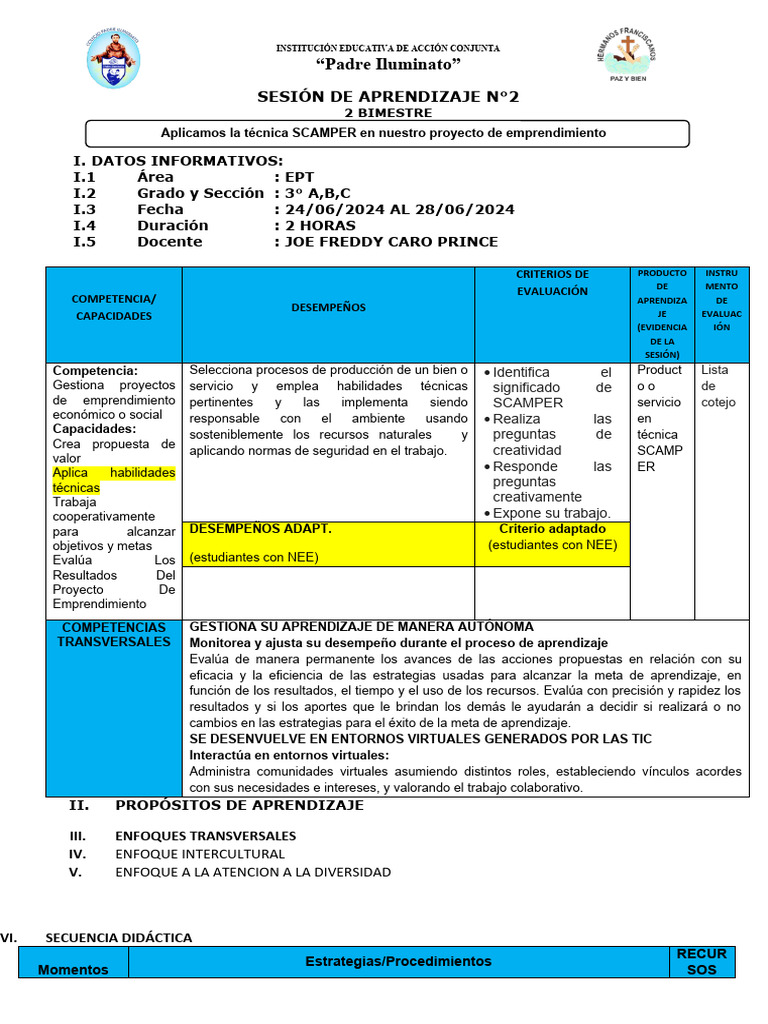 Sesion Ept La Tecnica Scamper Ept 3° A, B, C Freddy Caro | PDF | Creatividad | Iniciativa ...