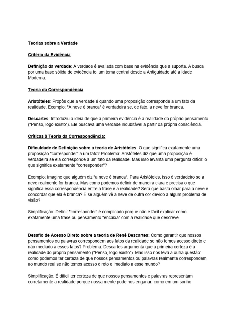 Teorias da Verdade e suas Críticas | PDF | Verdade | Pensamento