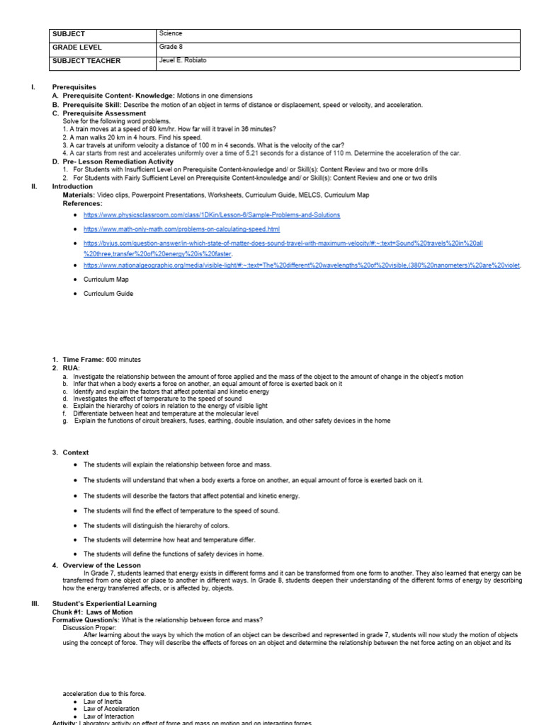 ATG Science 8 - Q1-1 | PDF | Light | Force