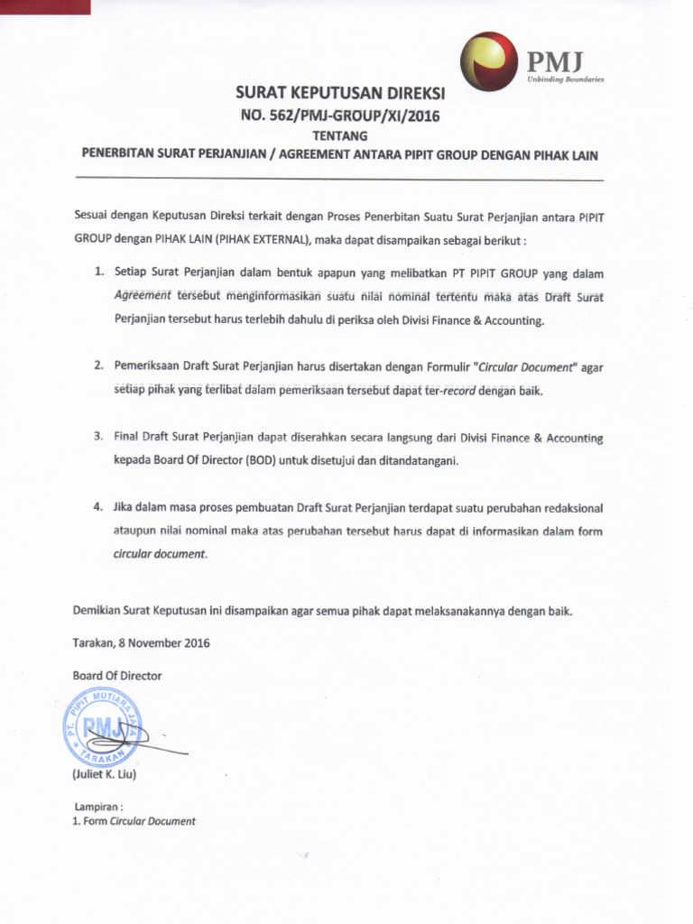 SK Direksi No. 562 - Penerbitan Surat Pernjanjian Atau Agreement Antara Pipit Group Dengan Pihak ...
