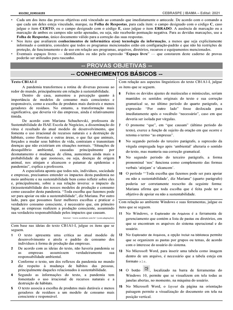 Provas Objetivas IBAMA: Sustentabilidade e Informática | PDF ...