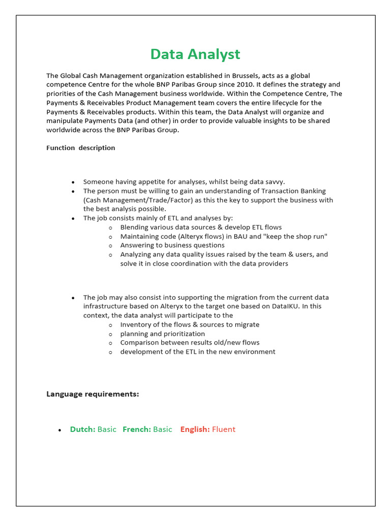 JD - Data Analyst Cash Management - Banking | PDF | Data Analysis | Analysis