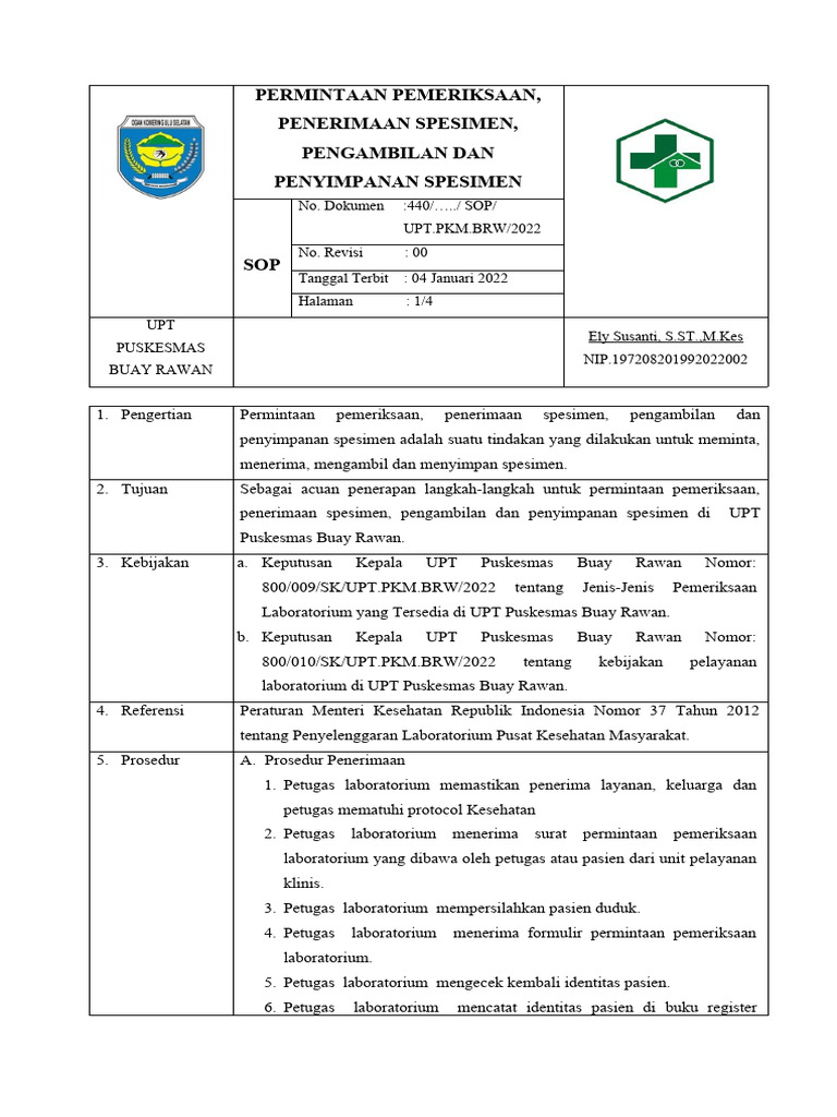 8.1.2.1. Sop Permintaan Pemeriksaan, Penerimaan Spesimen, Pengambilan ...