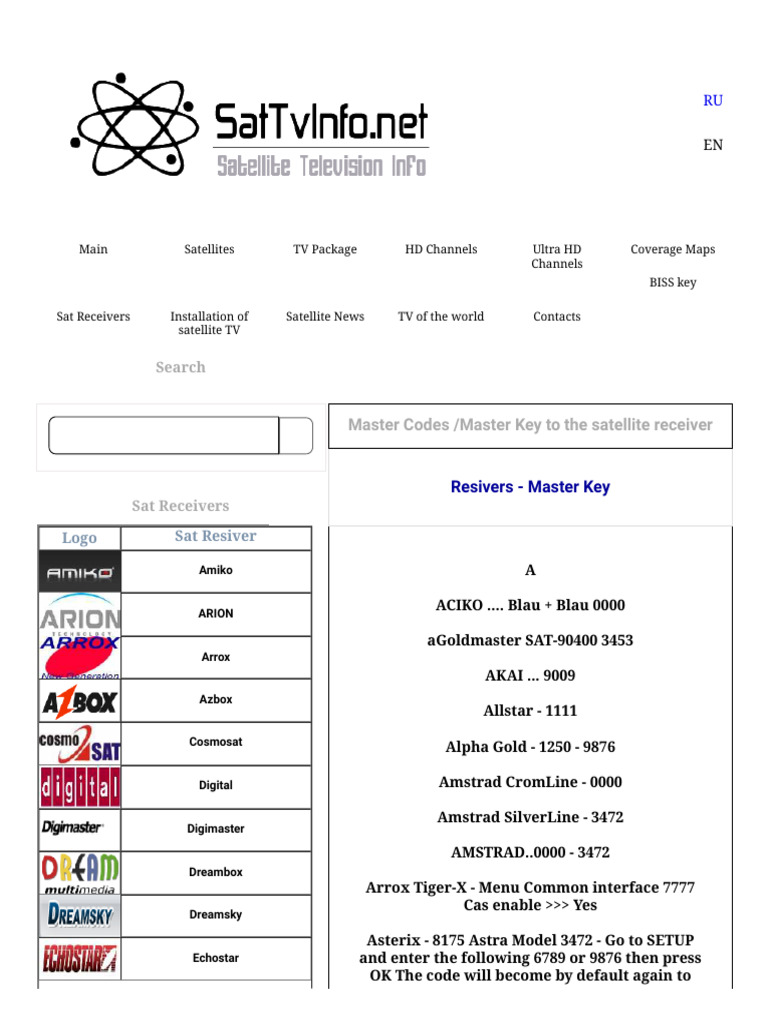 Master Cheats For Satellite Receivers, Master Codes For Satellit | PDF | Information And ...