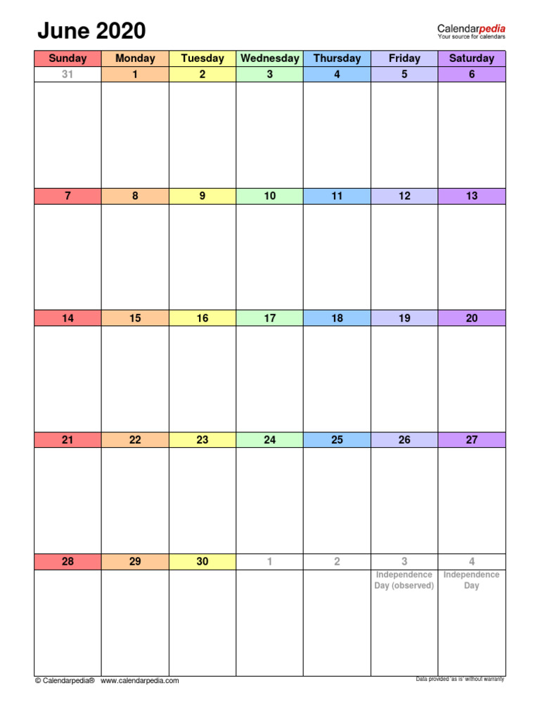 June 2020 Calendar Portrait | PDF